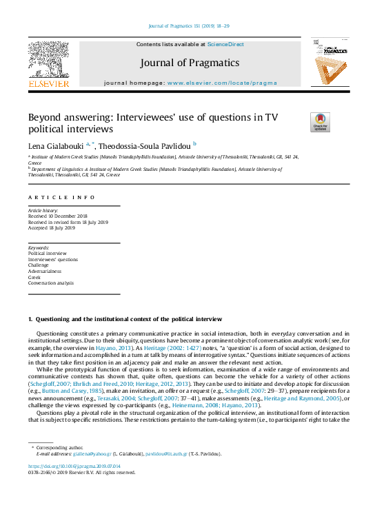 (PDF) Beyond answering: Interviewees' use of questions in TV political ...