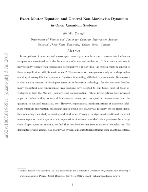 Pdf Exact Master Equation And General Non Markovian Dynamics In Open Quantum Systems 