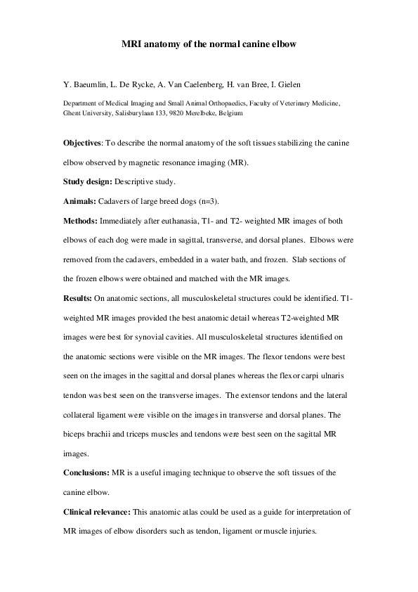 (PDF) MRI-Based Anatomic Atlas of the Normal Canine Elbow