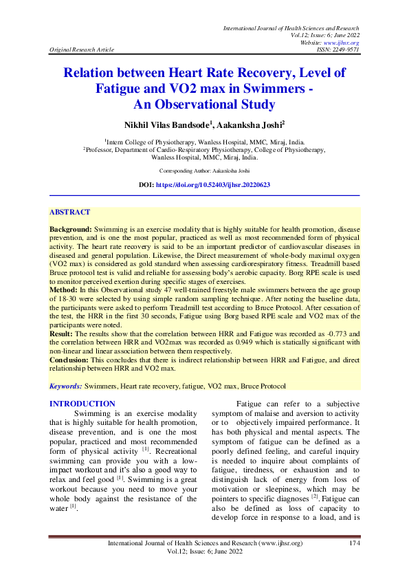(PDF) Relation between Heart Rate Recovery, Level of Fatigue and VO2 ...