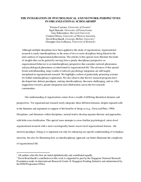 (PDF) The Integration of Psychological and Network Perspectives in ...