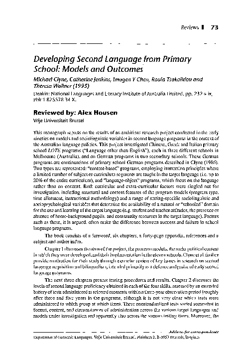 (PDF) Developing Second Language from Primary School: Models and Outcomes