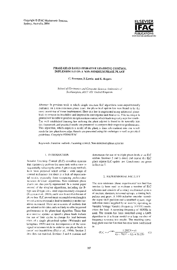 Pdf Phase Lead Based Iterative Learning Control Implemented On A Non Minimum Phase Plant