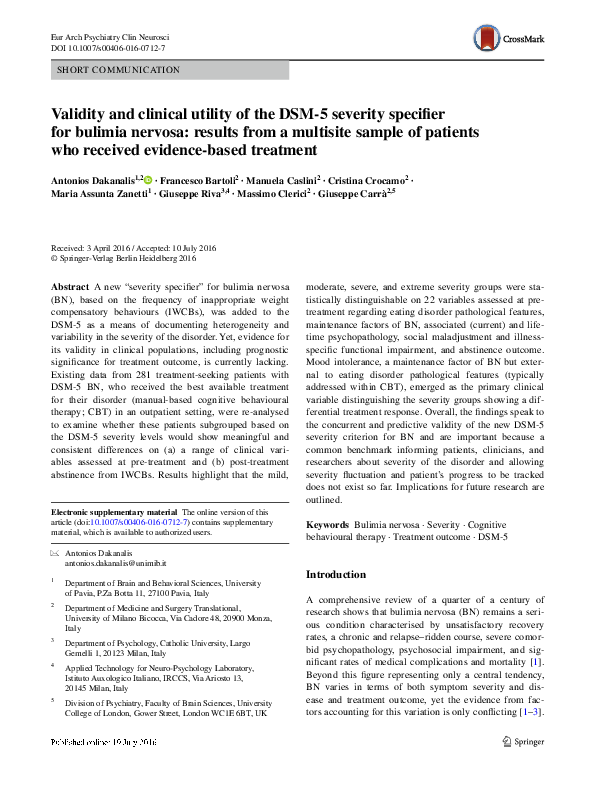 (PDF) Validity and clinical utility of the DSM-5 severity specifier for bulimia nervosa: results ...