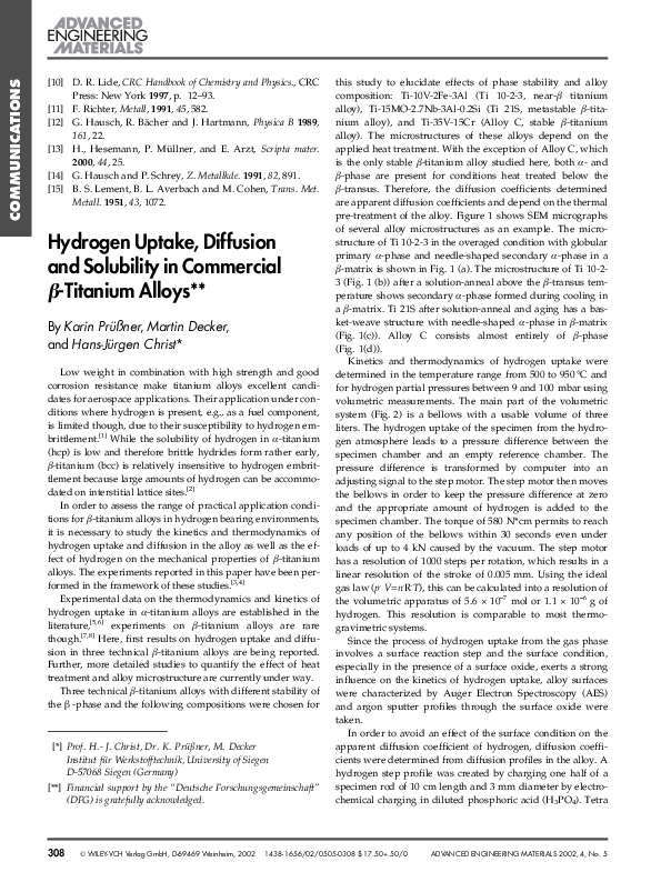 (PDF) Hydrogen Uptake, Diffusion and Solubility in Commercial β ...