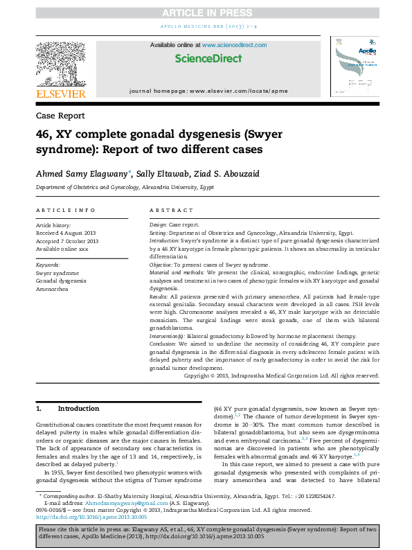 (PDF) 46, XY complete gonadal dysgenesis (Swyer syndrome): Report of ...