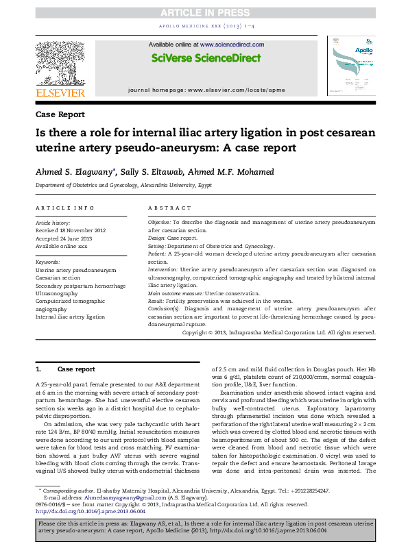 (PDF) Is there a role for internal iliac artery ligation in post cesarean uterine artery pseudo ...