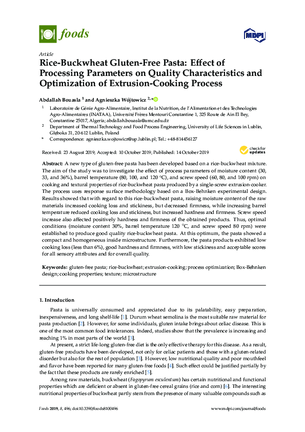 (PDF) Rice-Buckwheat Gluten-Free Pasta: Effect of Processing Parameters on Quality ...