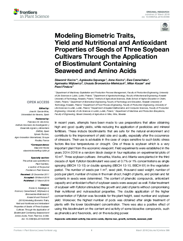(PDF) Modeling Biometric Traits, Yield and Nutritional and Antioxidant Properties of Seeds of ...