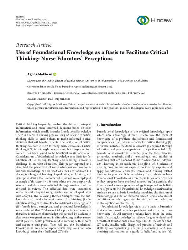(PDF) Use of Foundational Knowledge as a Basis to Facilitate Critical ...