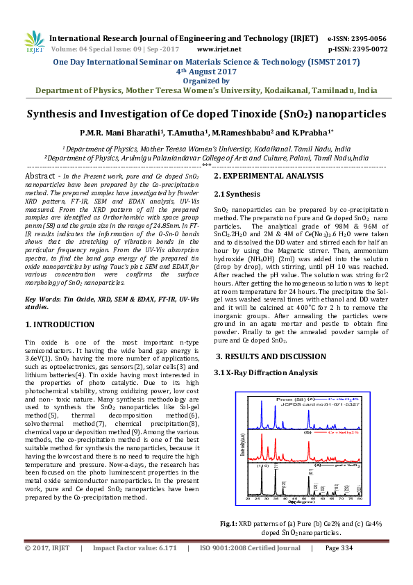 (PDF) Synthesis and Investigation of Ce doped Tinoxide (SnO2) nanoparticles