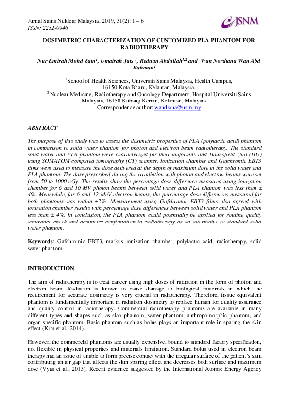 (PDF) PLA Phantom Evaluation for Radiotherapy Dosimetry