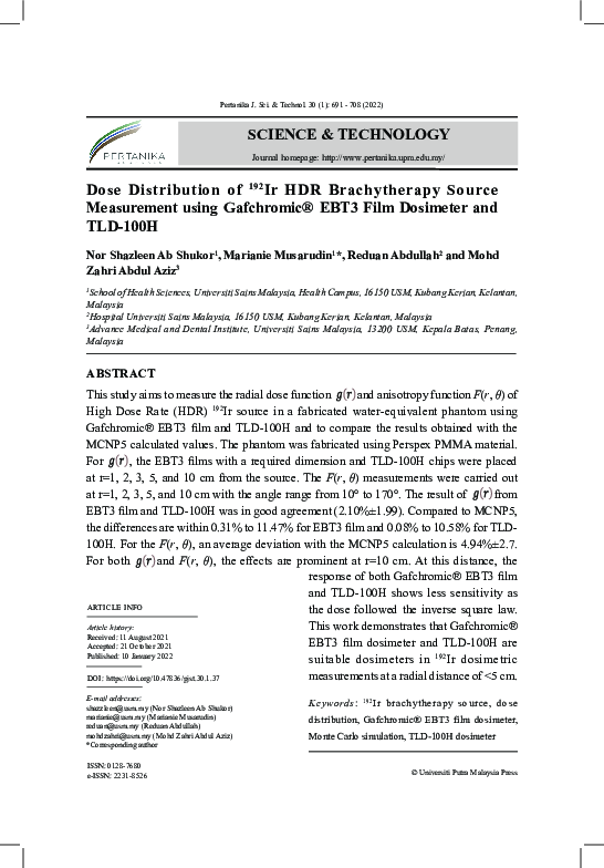 (PDF) Dose Distribution of 192Ir HDR Brachytherapy Source Measurement ...