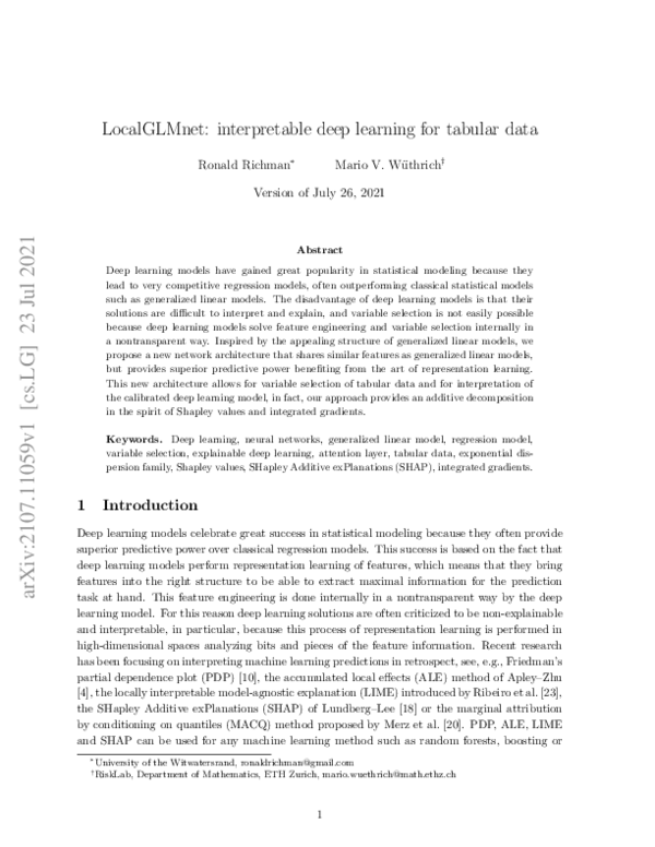 (PDF) LocalGLMnet: interpretable deep learning for tabular data