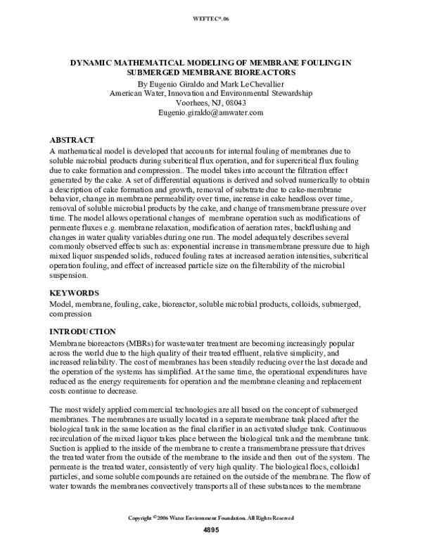 (PDF) Dynamic Mathematical Modeling of Membrane Fouling in Submerged Membrane Bioreactors | Mark ...