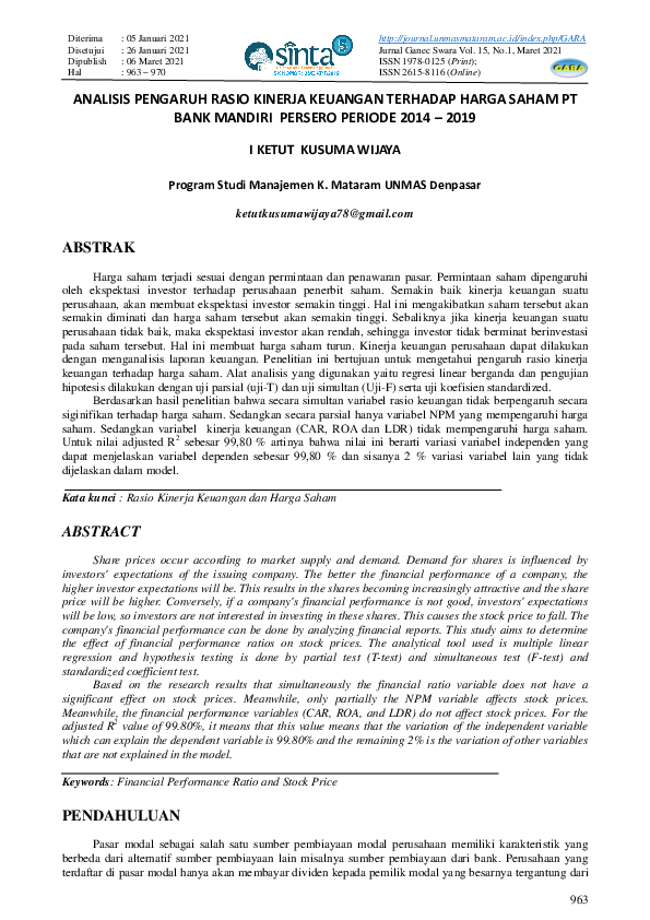 (PDF) Analisis Pengaruh Rasio Kinerja Keuangan Terhadap Harga Saham PT Bank Mandiri Persero ...
