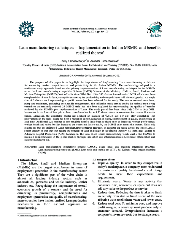 (PDF) Lean manufacturing techniques – Implementation in Indian MSMEs and benefits realized ...