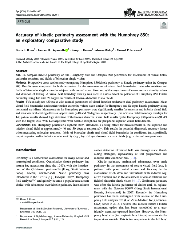 (PDF) Accuracy of kinetic perimetry assessment with the Humphrey 850 ...