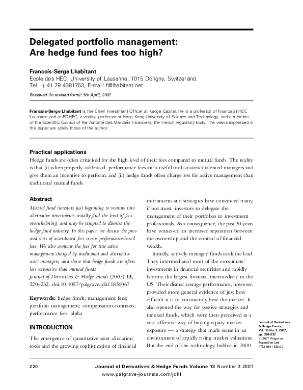 (PDF) Delegated portfolio management: Are hedge fund fees too high?