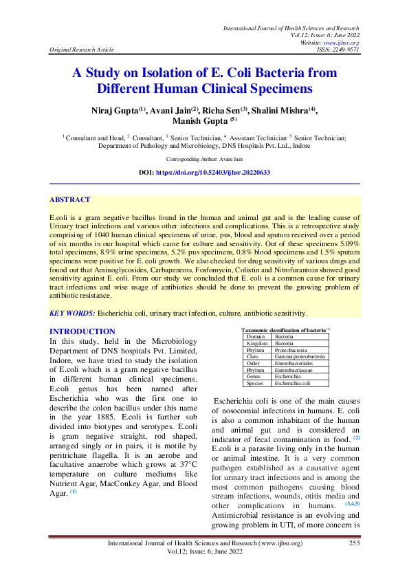 (PDF) A Study on Isolation of E. Coli Bacteria from Different Human ...