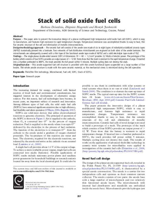 (PDF) Stack of solid oxide fuel cells