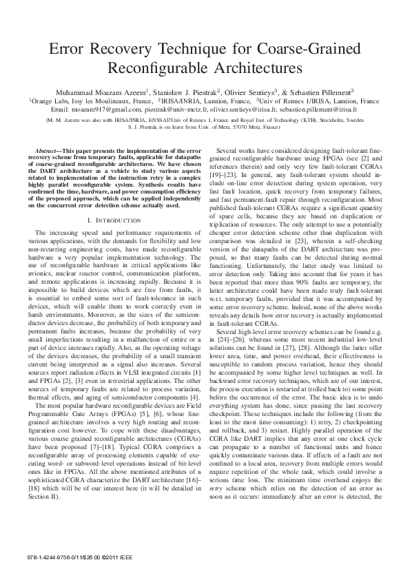 Pdf Error Recovery Technique For Coarse Grained Reconfigurable Architectures
