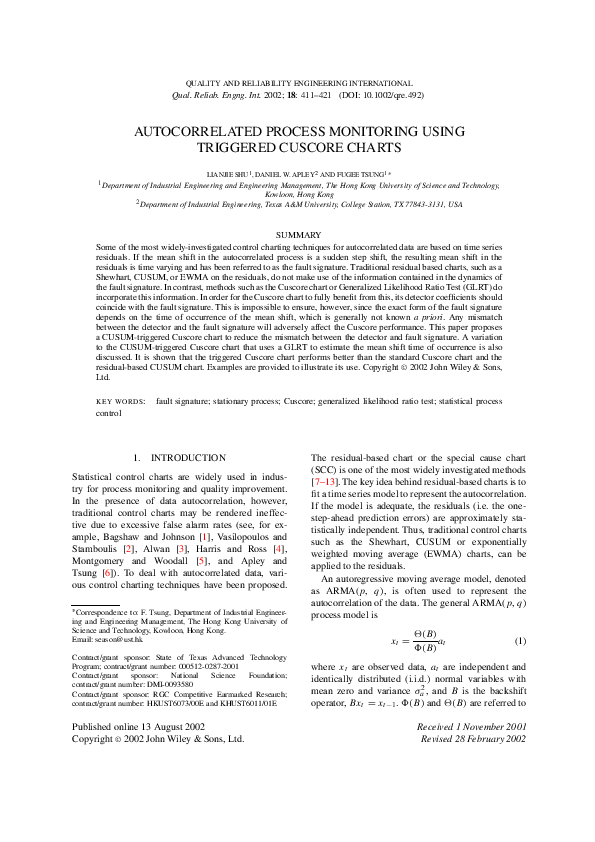 (PDF) Autocorrelated process monitoring using triggered cuscore charts
