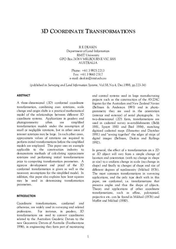 Pdf 3d Coordinate Transformations