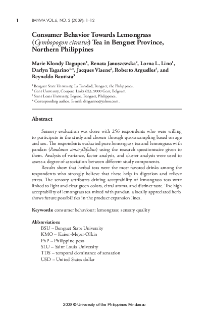 (PDF) Consumer Behavior Towards Lemongrass (Cymbopogon citratus) Tea in ...