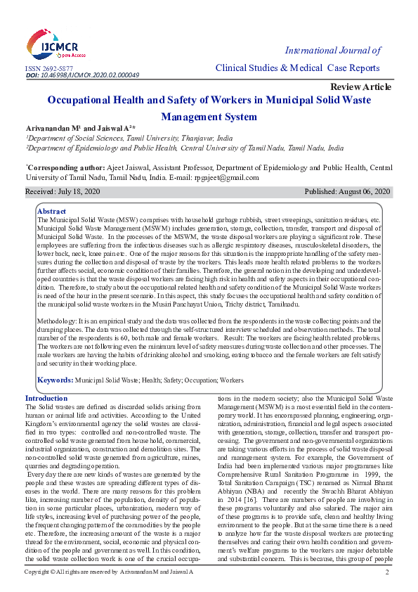 (PDF) Occupational Health and Safety of Workers in Municipal Solid Waste Management System
