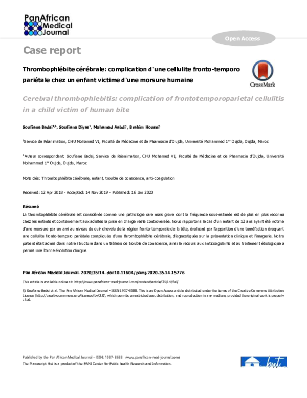 (PDF) Thrombophlébite cérébrale: complication d’une cellulite fronto ...