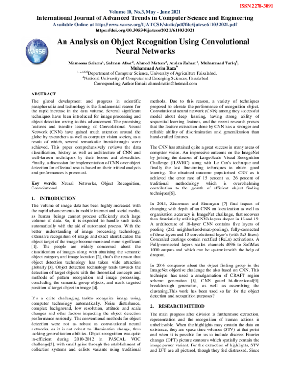 (PDF) An Analysis on Object Recognition Using Convolutional Neural Networks