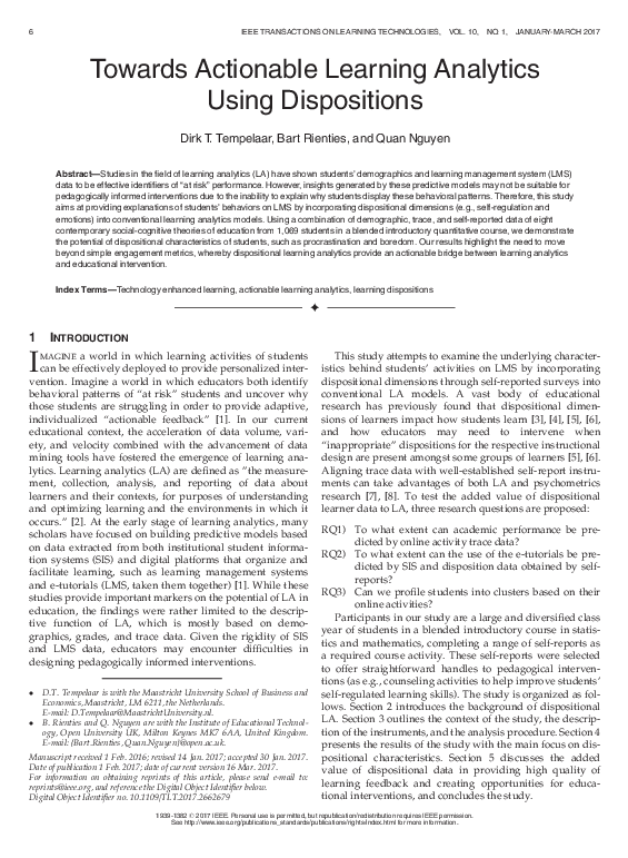 (PDF) Towards Actionable Learning Analytics Using Dispositions