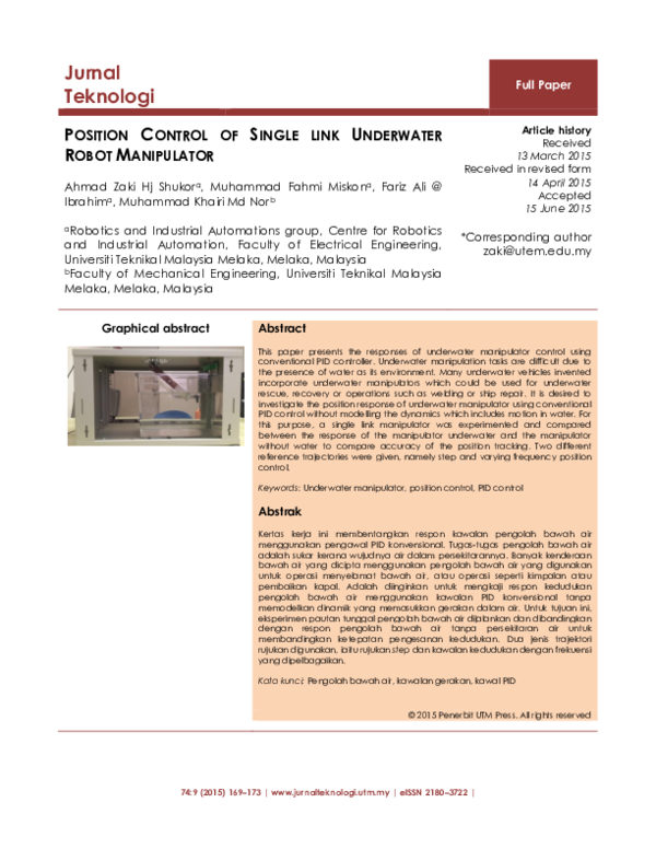 (PDF) Position Control of Single Link Underwater Robot Manipulator