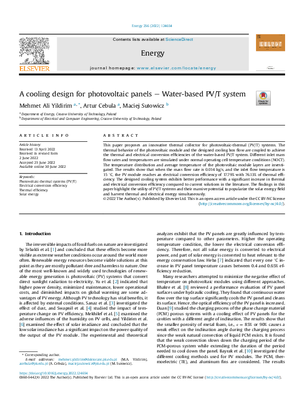 (PDF) A cooling design for photovoltaic panels e Water-based PV/T system