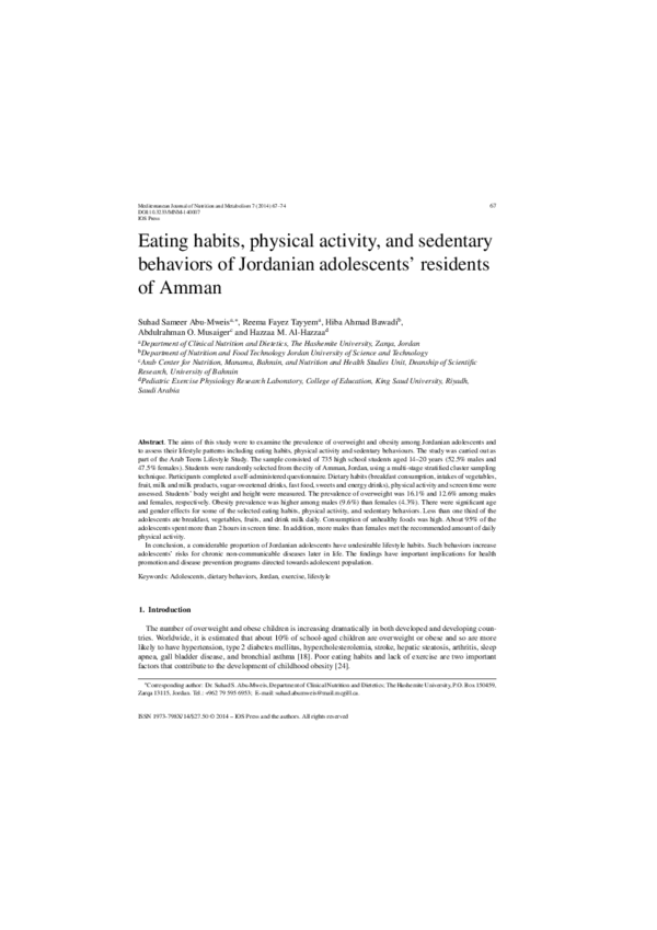 (PDF) Eating habits, physical activity, and sedentary behaviors of Jordanian adolescents ...