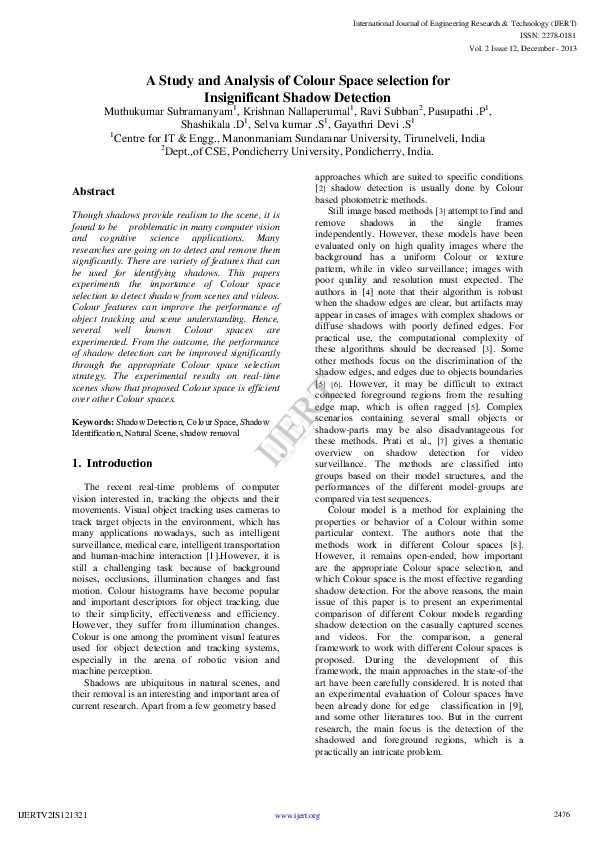 (PDF) A Study and Analysis of Colour Space selection for Insignificant Shadow Detection