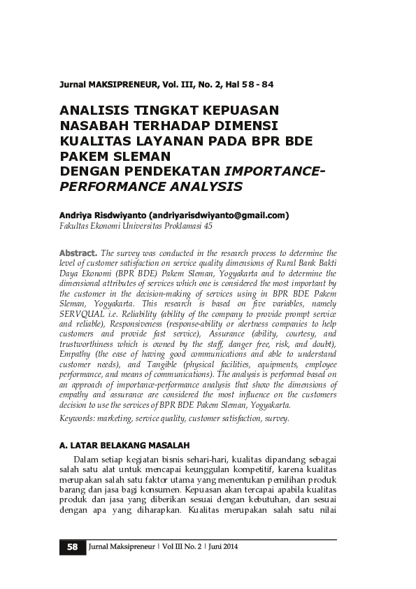(PDF) Analisis Tingkat Kepuasan Nasabah terhadap Dimensi Kualitas Layanan pada BPR BDE Pakem ...