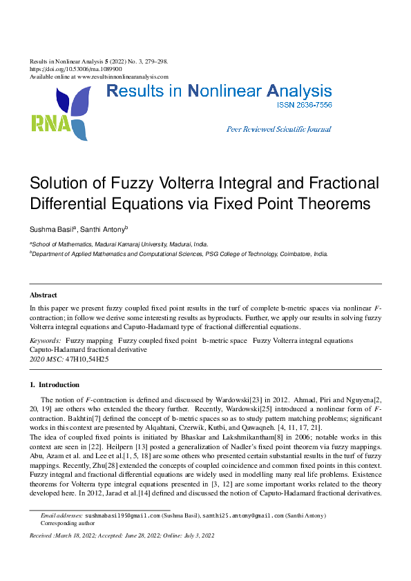 (PDF) Solution of Fuzzy Volterra Integral and Fractional Differential Equations via Fixed Point ...