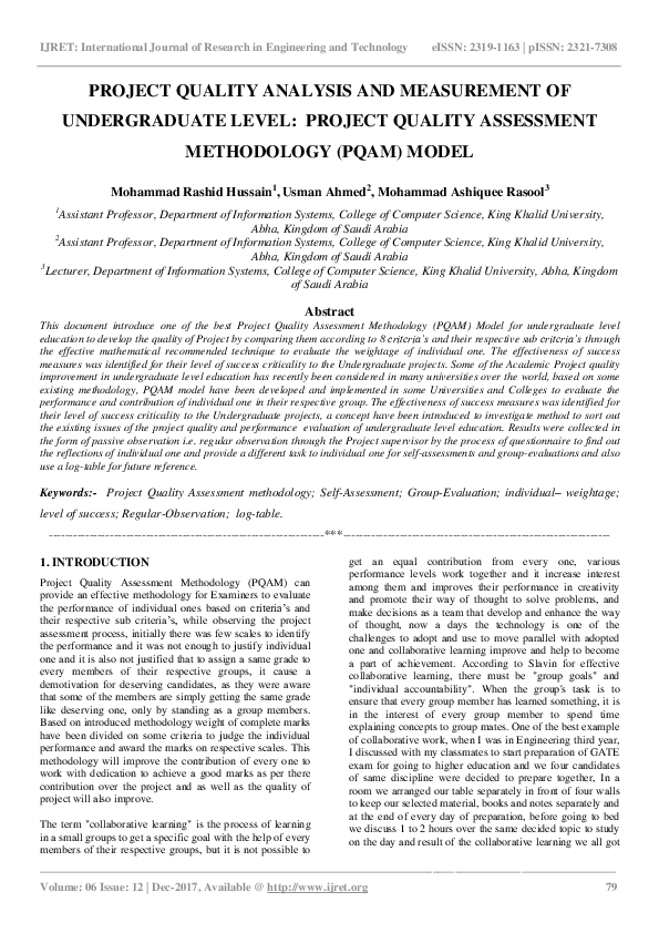 (PDF) PQAM Model for Quality Assessment in Undergraduate Projects