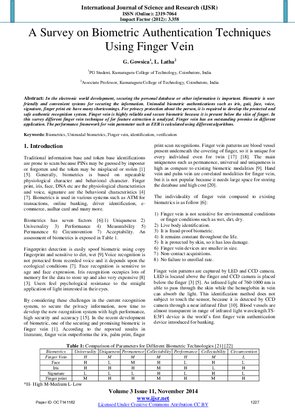 (PDF) A Survey on Biometric Authentication Techniques Using Finger Vein | Vivek Kalam Steffen ...