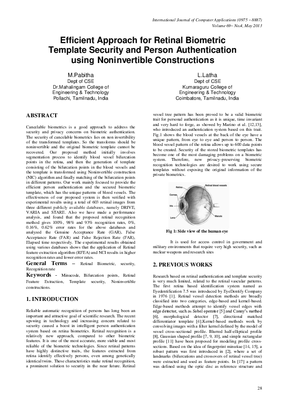 (PDF) Efficient Approach for Retinal Biometric Template Security and ...