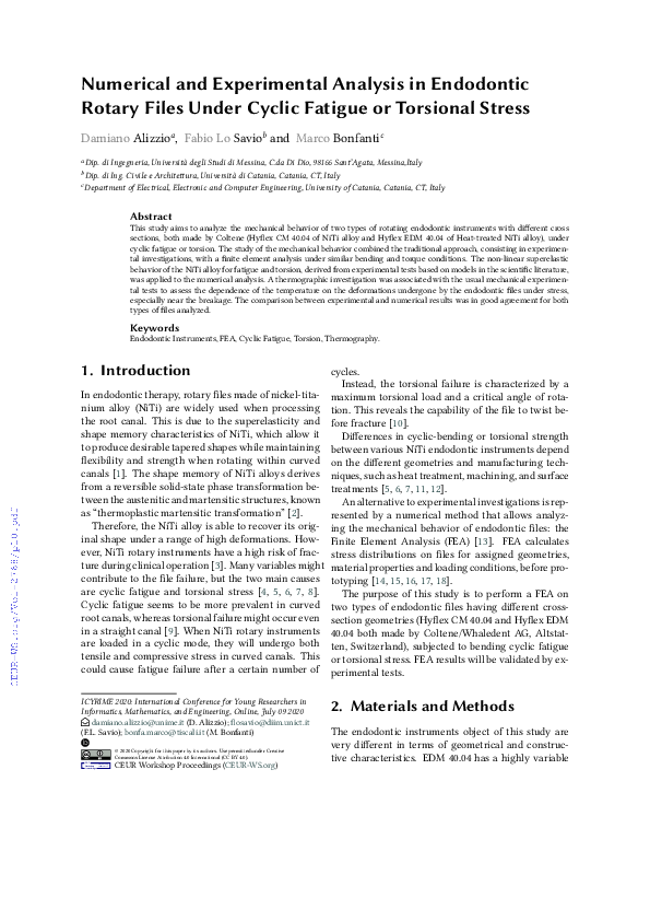 (PDF) Numerical and Experimental Analysis in Endodontic Rotary Files Under Cyclic Fatigue or ...