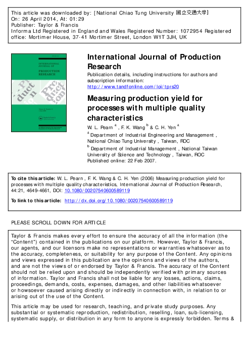 (PDF) Measuring production yield for processes with multiple quality characteristics