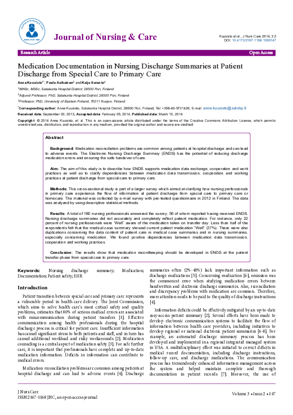 Pdf Medication Documentation In Nursing Discharge Summaries At Patient Discharge From Special