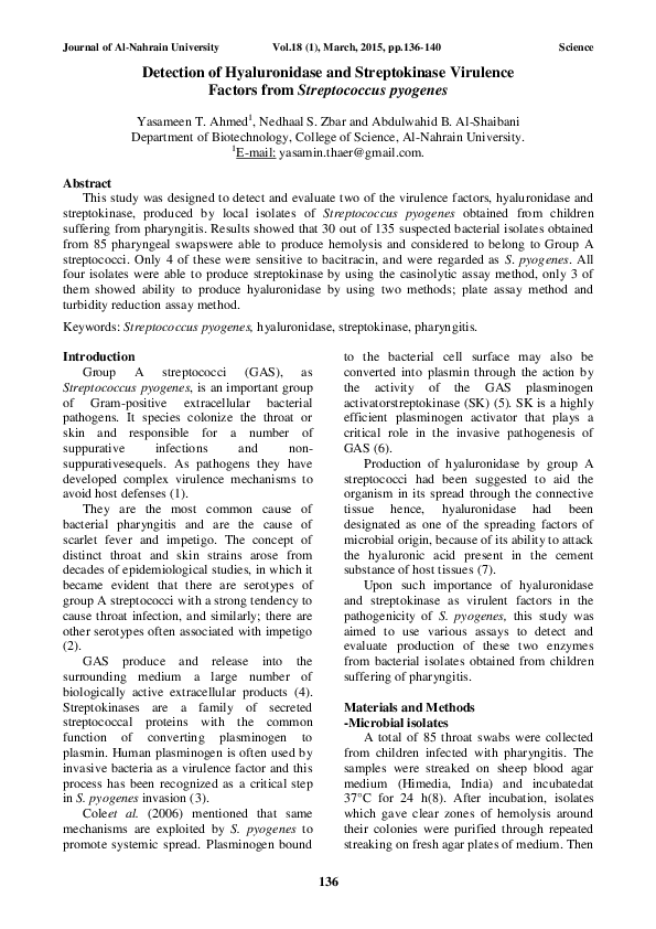 Pdf Detection Of Hyaluronidase And Streptokinase Virulence Factors From Streptococcus Pyogenes