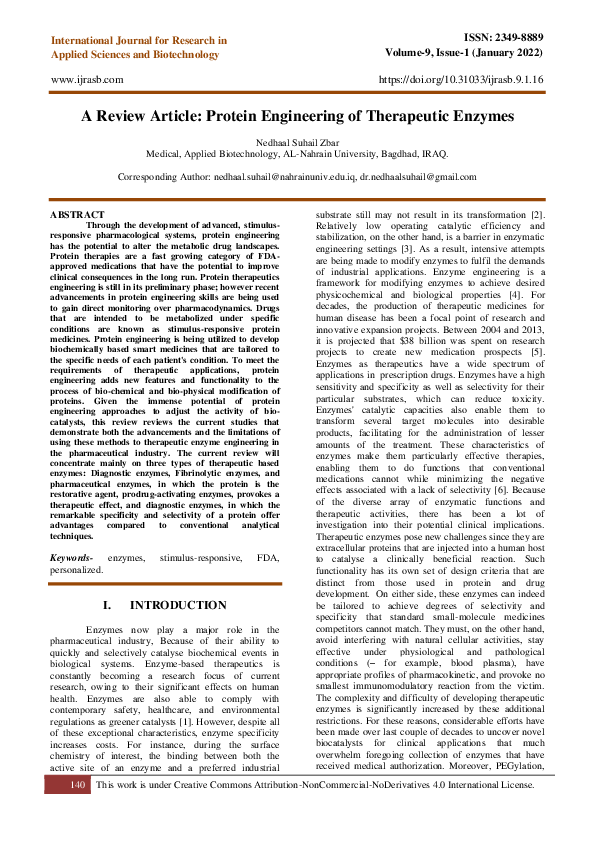 (PDF) A Review Article: Protein Engineering of Therapeutic Enzymes