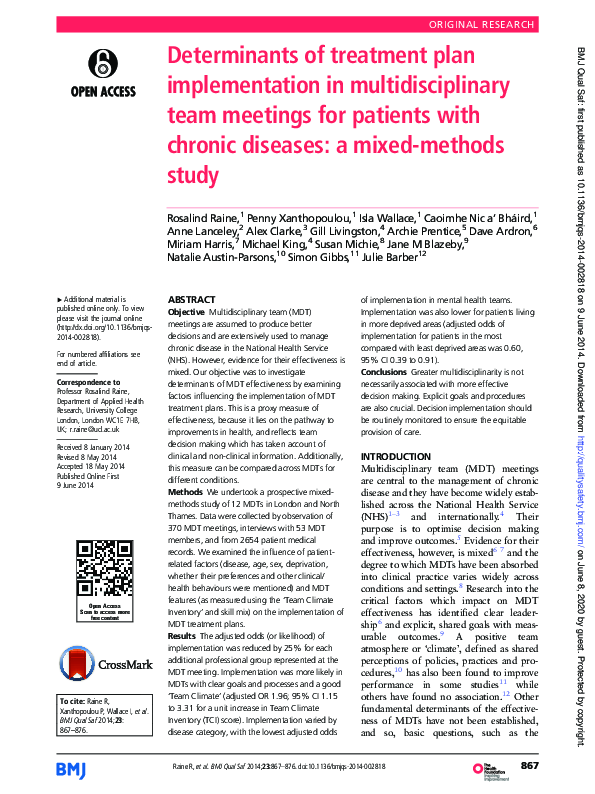 (PDF) Determinants of treatment plan implementation in multidisciplinary team meetings for ...