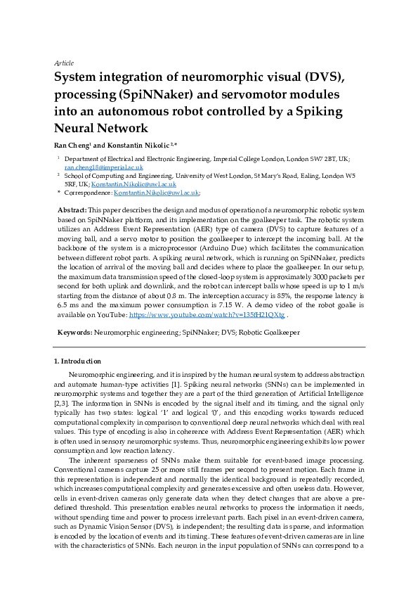 (PDF) System integration of neuromorphic visual (DVS), processing (SpiNNaker) and servomotor ...