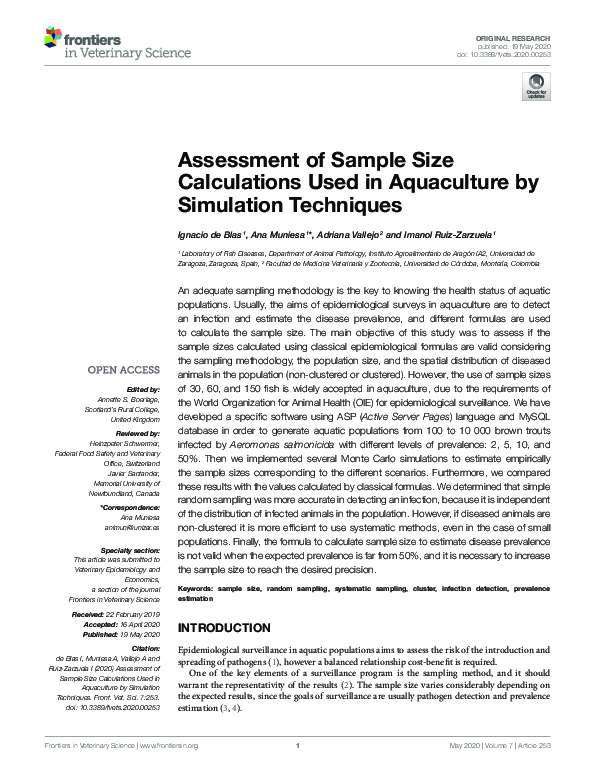Pdf Assessment Of Sample Size Calculations Used In Aquaculture By Simulation Techniques